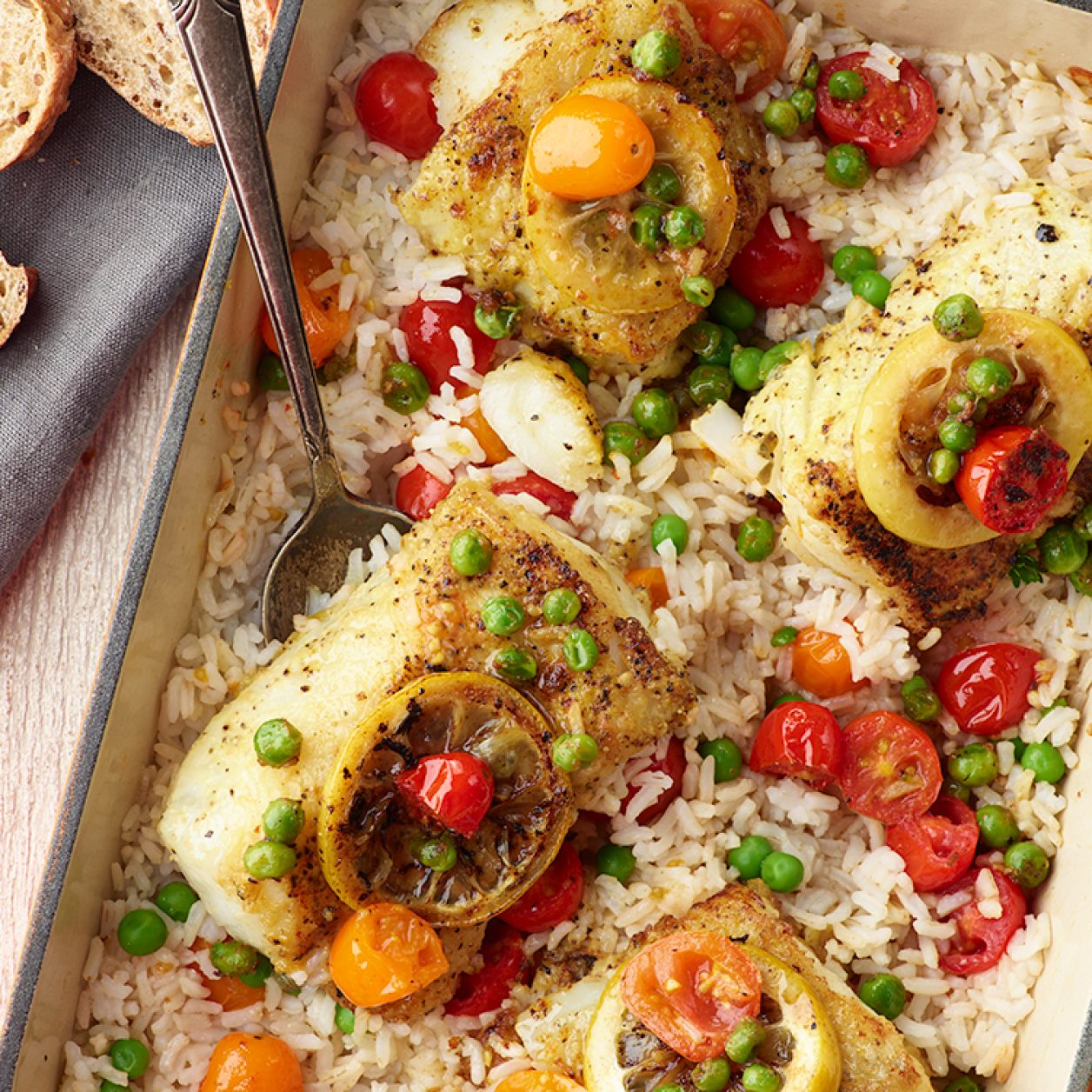 Baked Lemon Cod and Rice and Tomatoes and Peas | Savory