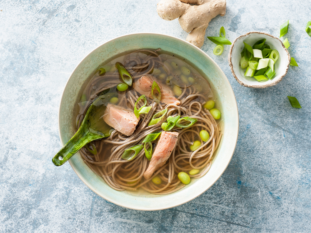 Green-Tea-Poached Salmon with Soba | Savory