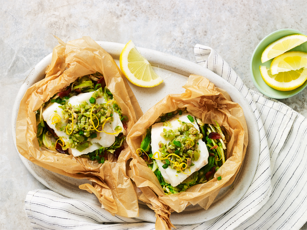 Lemony Cod Packets with Olive Butter | Savory