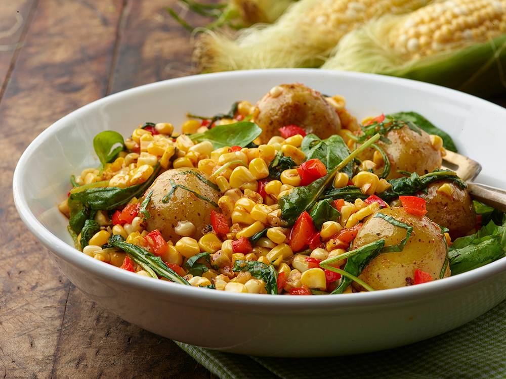 Roasted Corn, Potato and Arugula Salad | Savory