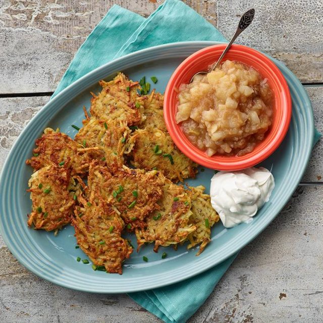 Yukon Gold Potato Latkes with Apple-Pear Sauce | Savory
