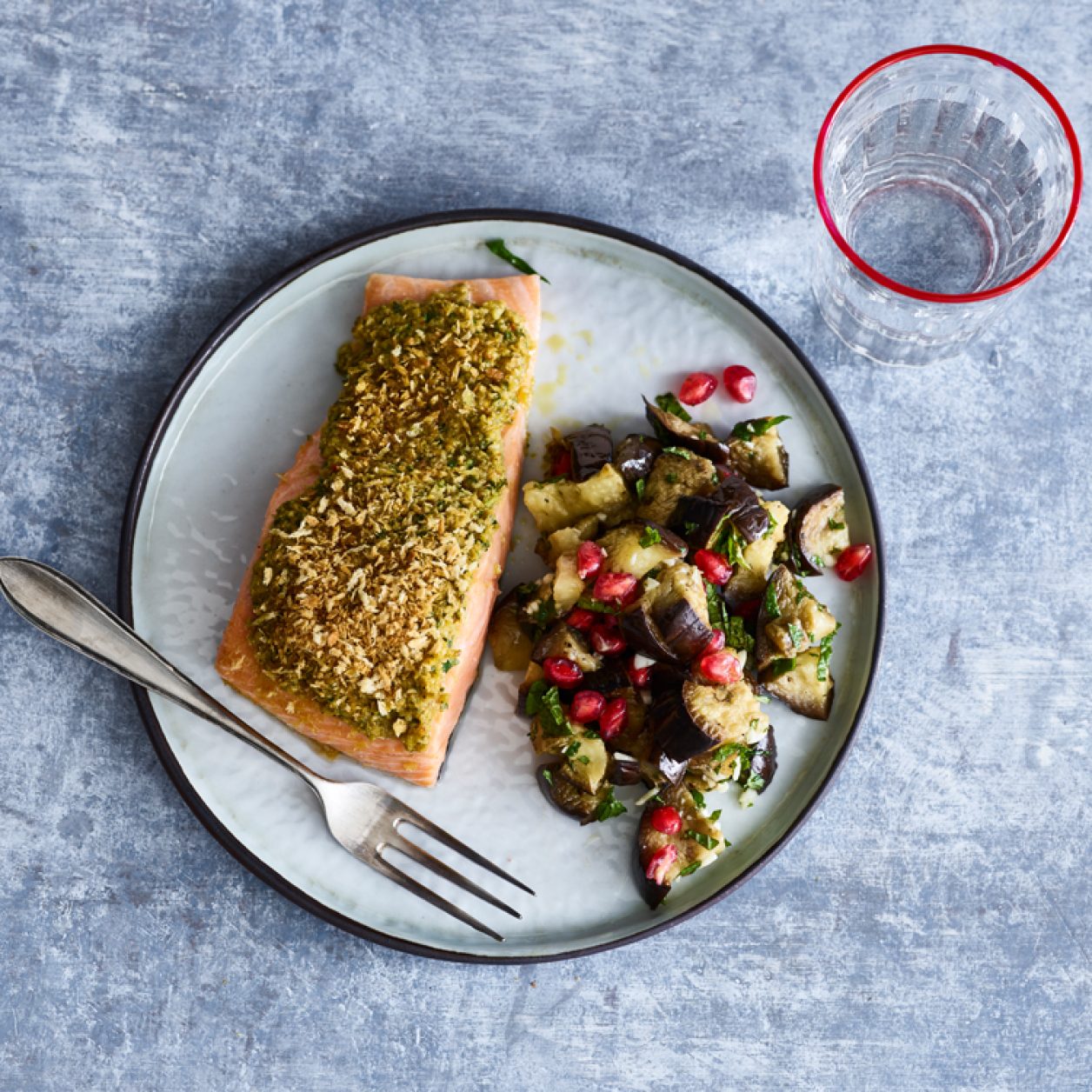 Tapenade and Bread Crumb–Crusted Salmon with Marinated Eggplant | Savory