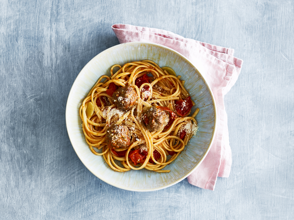 Linguine With Meatballs And Roasted Tomatoes Savory