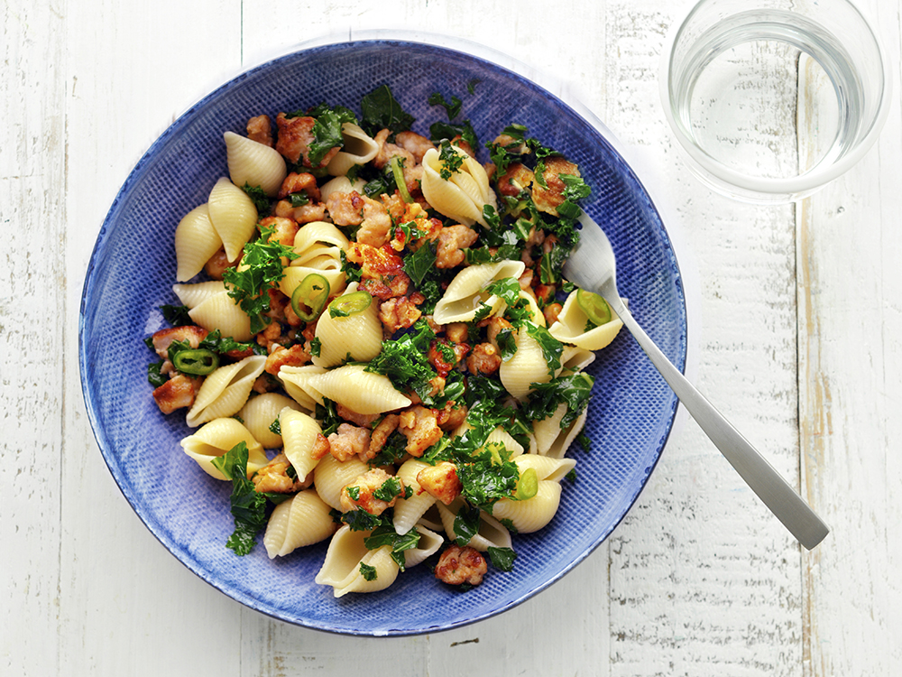 Spicy Shells with Sausage and Kale | Savory