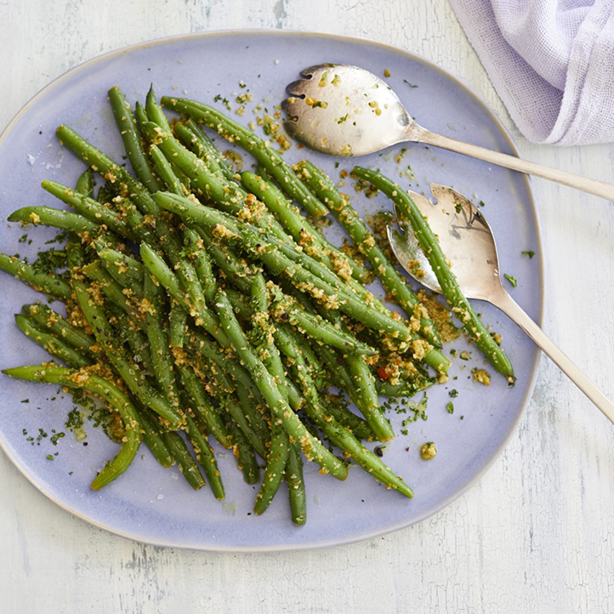 Poached Green Beans with Green Olive Vinaigrette | Savory