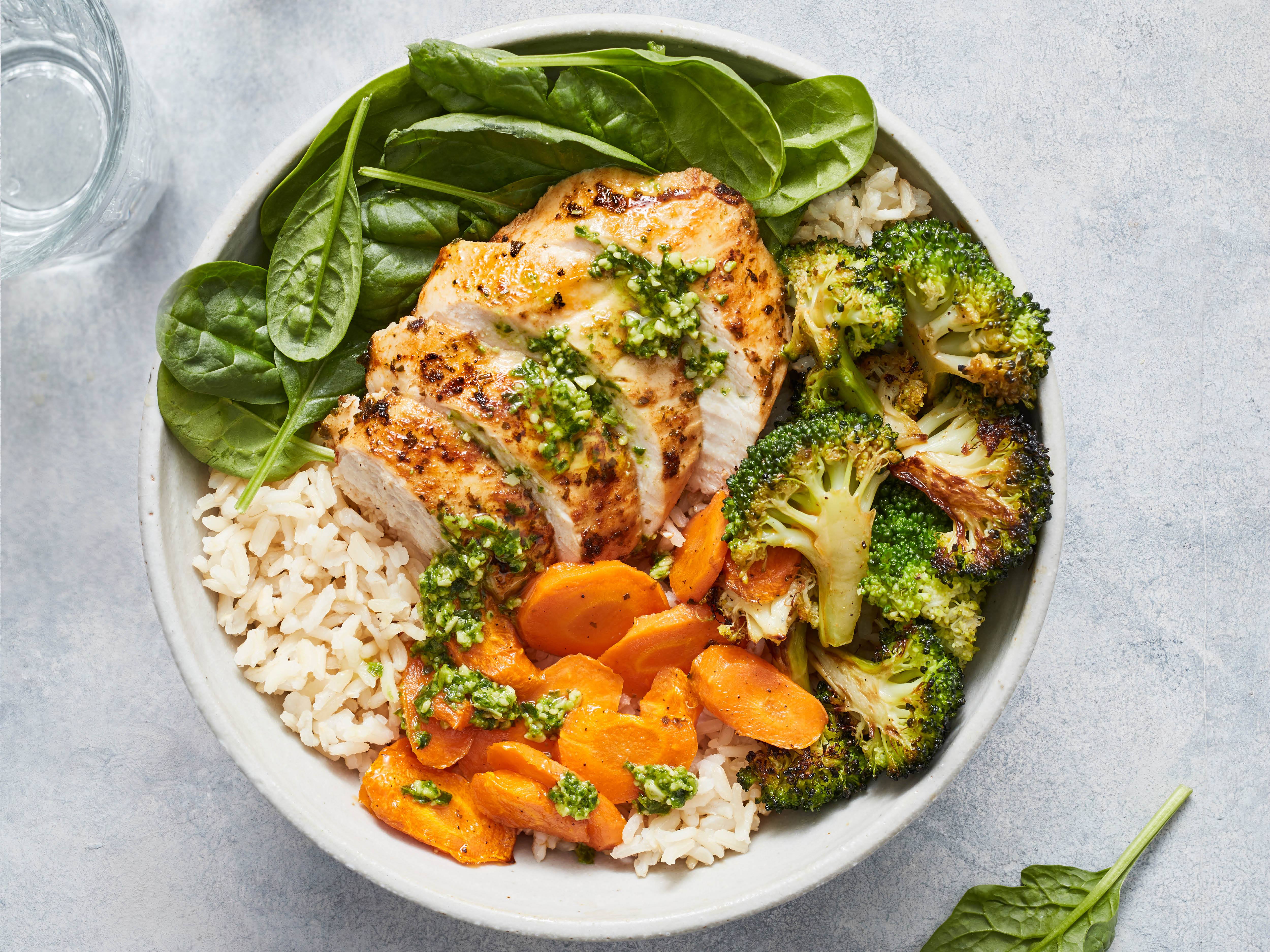 Grain Bowl with Sheet Pan Chicken and Veggies | Savory
