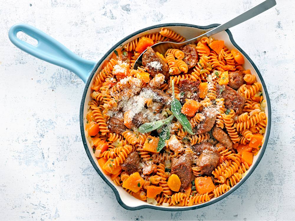 Rotini with Butternut Squash and Plant-Based Sausage | Savory