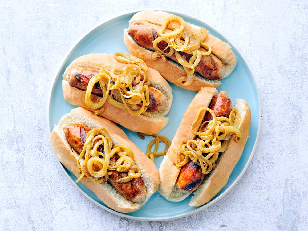 Grilled Brats with Honey-Mustard Onions | Savory