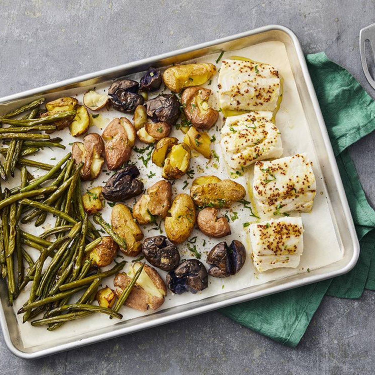 Sheet Pan Fish Fillets with Smashed Potatoes and Green Beans | Savory