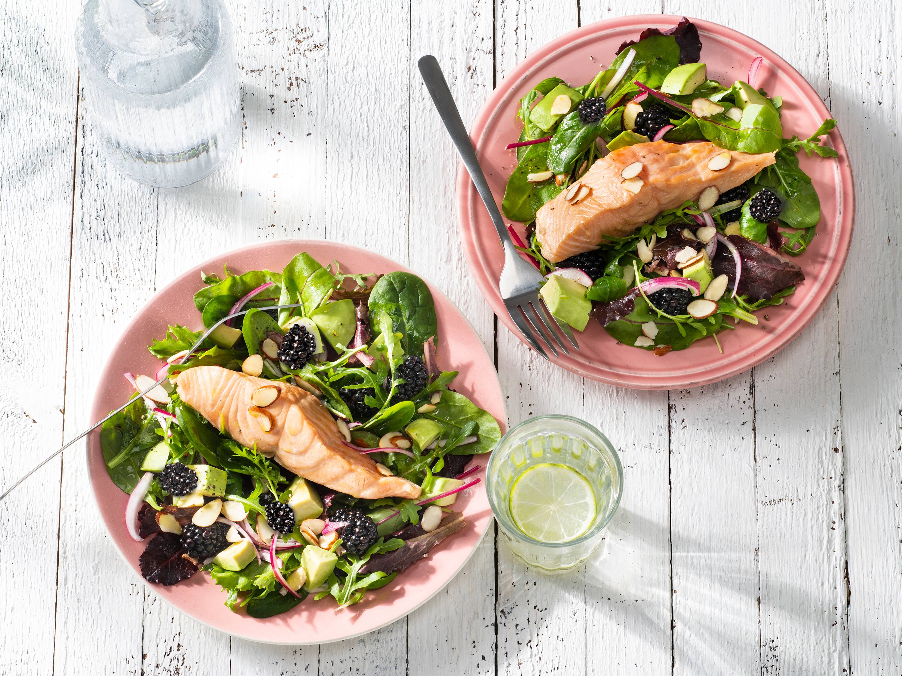Spinach Salad With Salmon And Quick Pickled Blackberries Savory