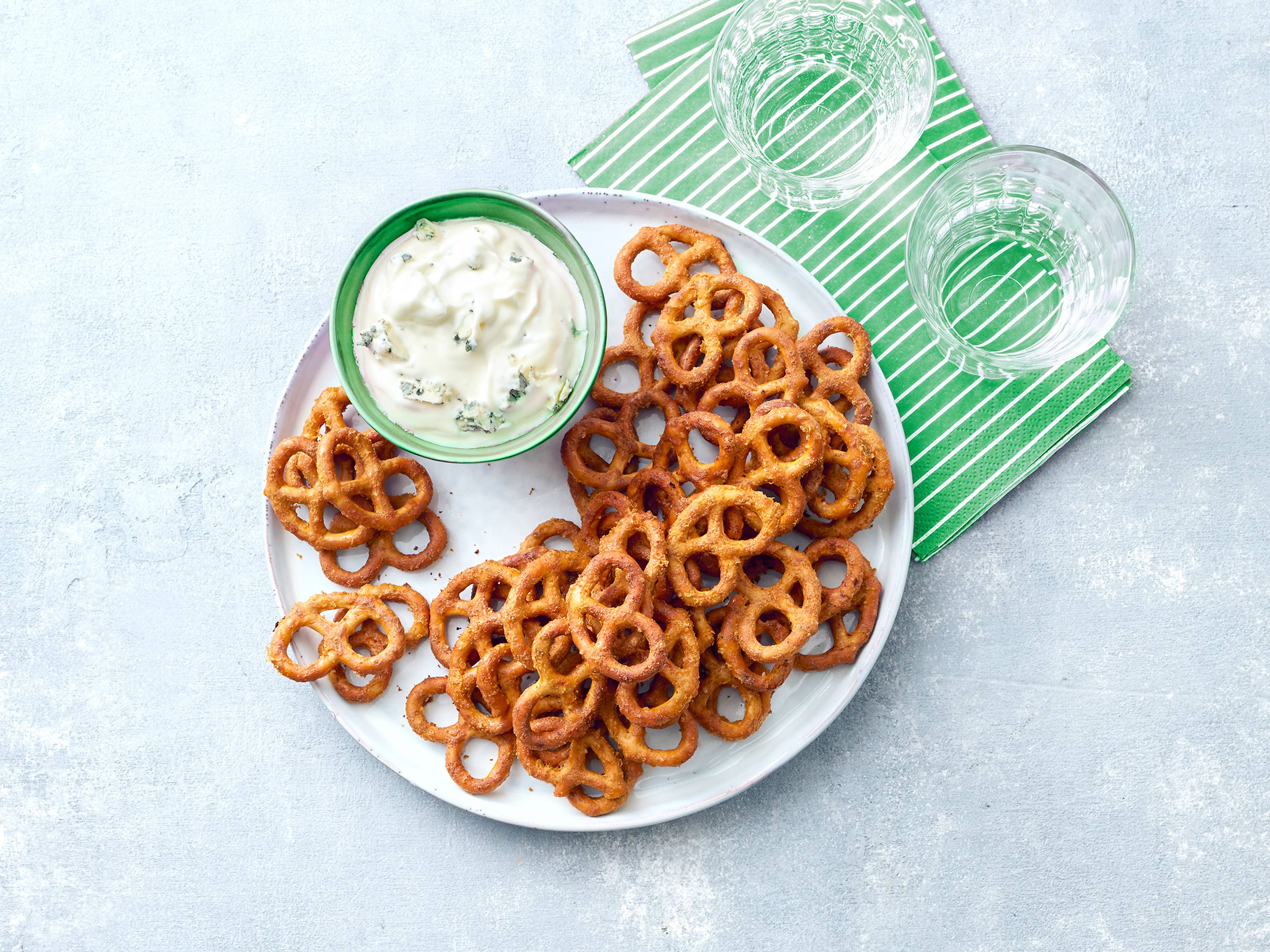 Air-Fried Buffalo Pretzels with Blue Cheese Dip | Savory