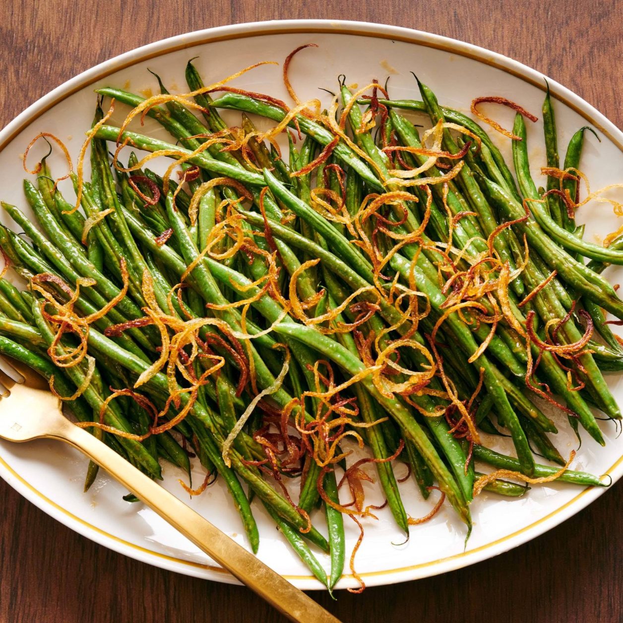 Miso-Glazed Roasted Green Beans with Fried Onions | Savory
