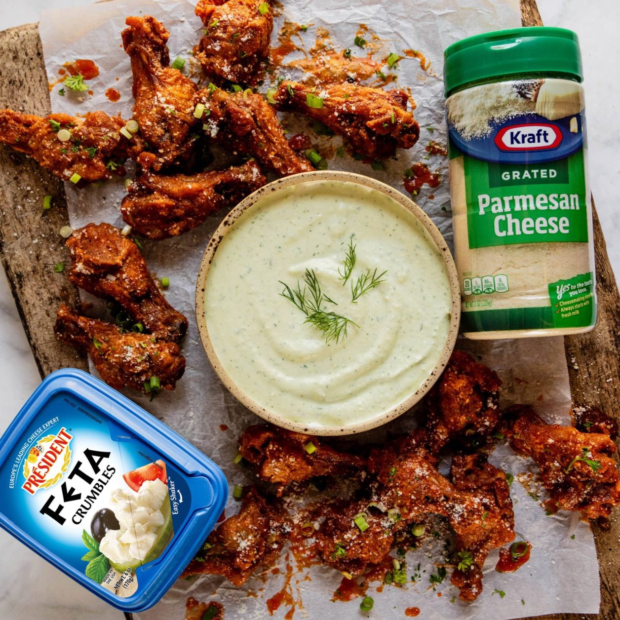 Garlic Parmesan Buffalo Chicken Wings with Feta Cheese Ranch Dip | Savory