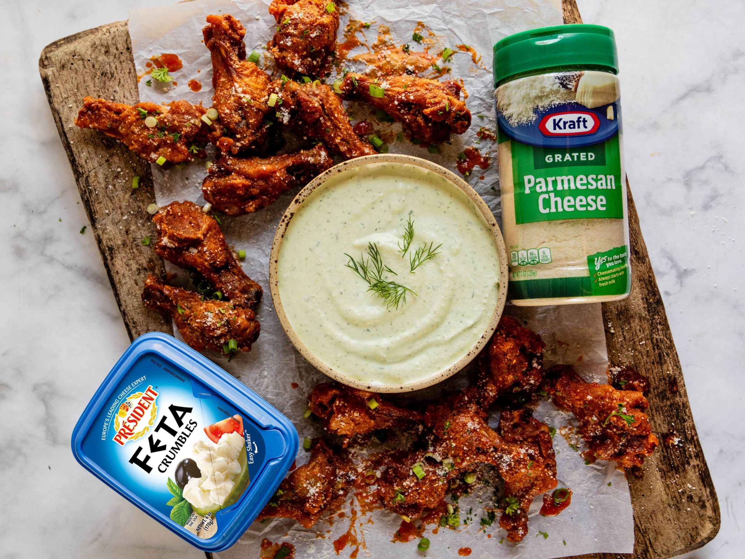 Garlic Parmesan Buffalo Chicken Wings with Feta Cheese Ranch Dip | Savory