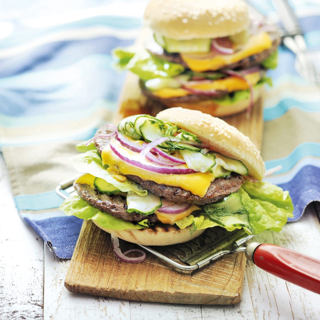 Double-Decker Cheeseburgers with Quick Pickles | Savory