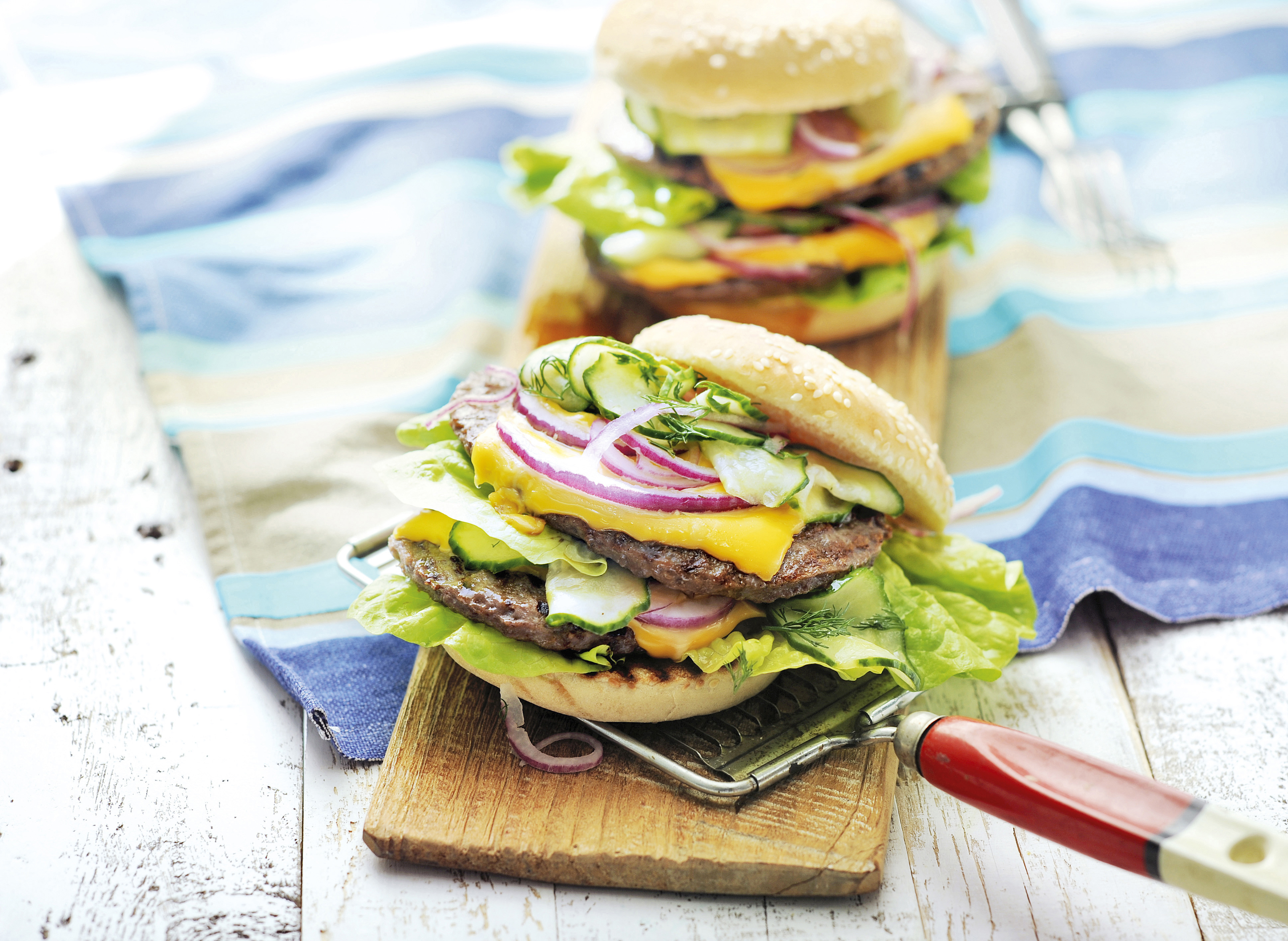 Double-Decker Cheeseburgers with Quick Pickles | Savory