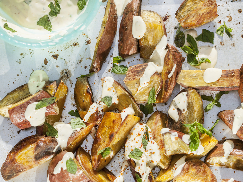 Sweet Potato Fries with Minted Yogurt Drizzle | Savory