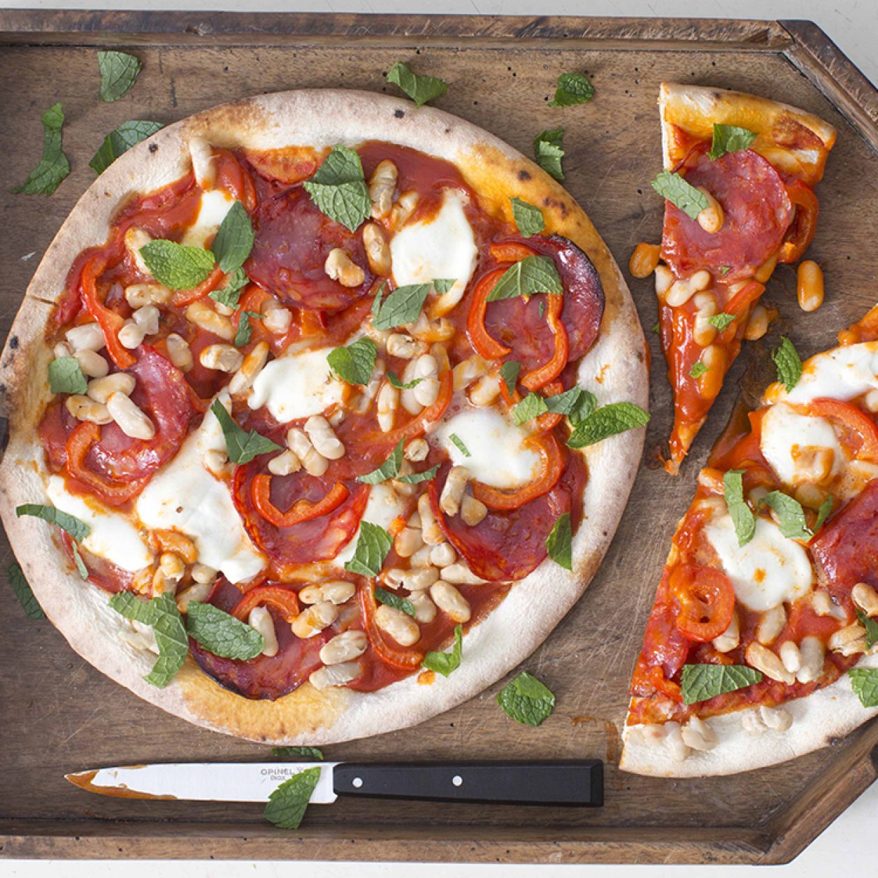 Pepperoni Pizza with Cannellini Beans and Bocconcini | Savory