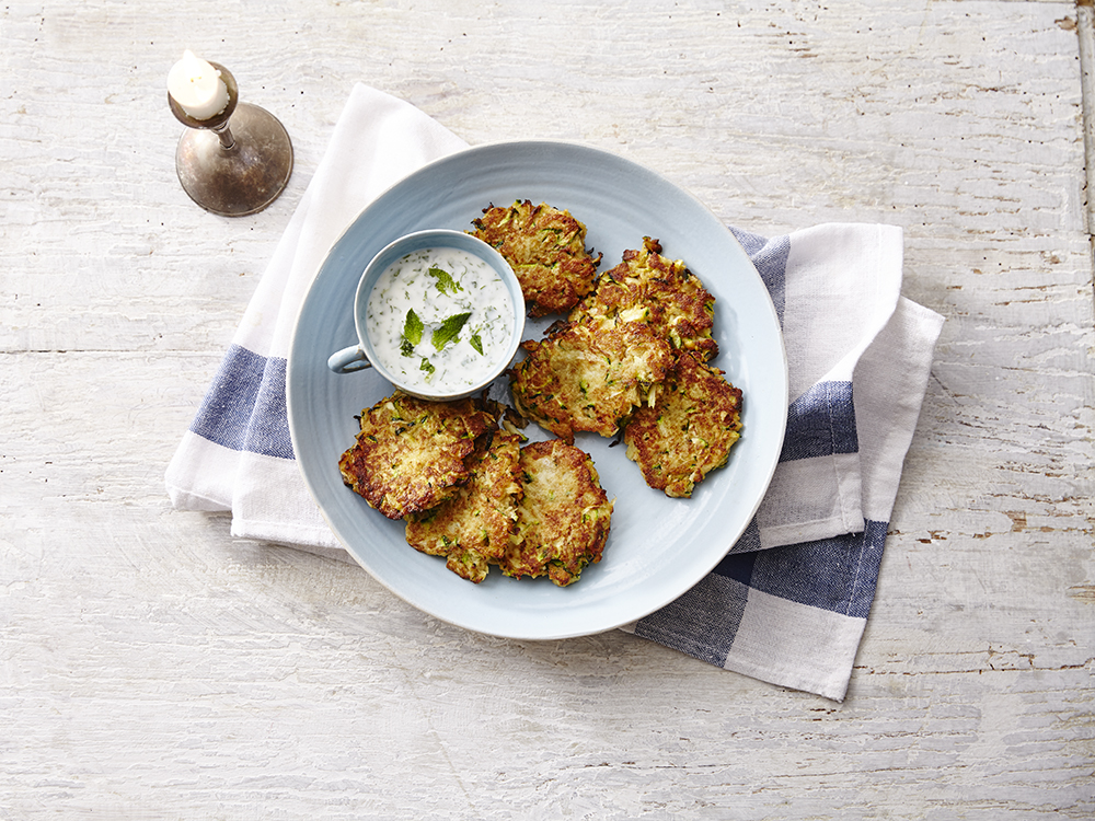 Zucchini Latkes with Cilantro Yogurt | Savory
